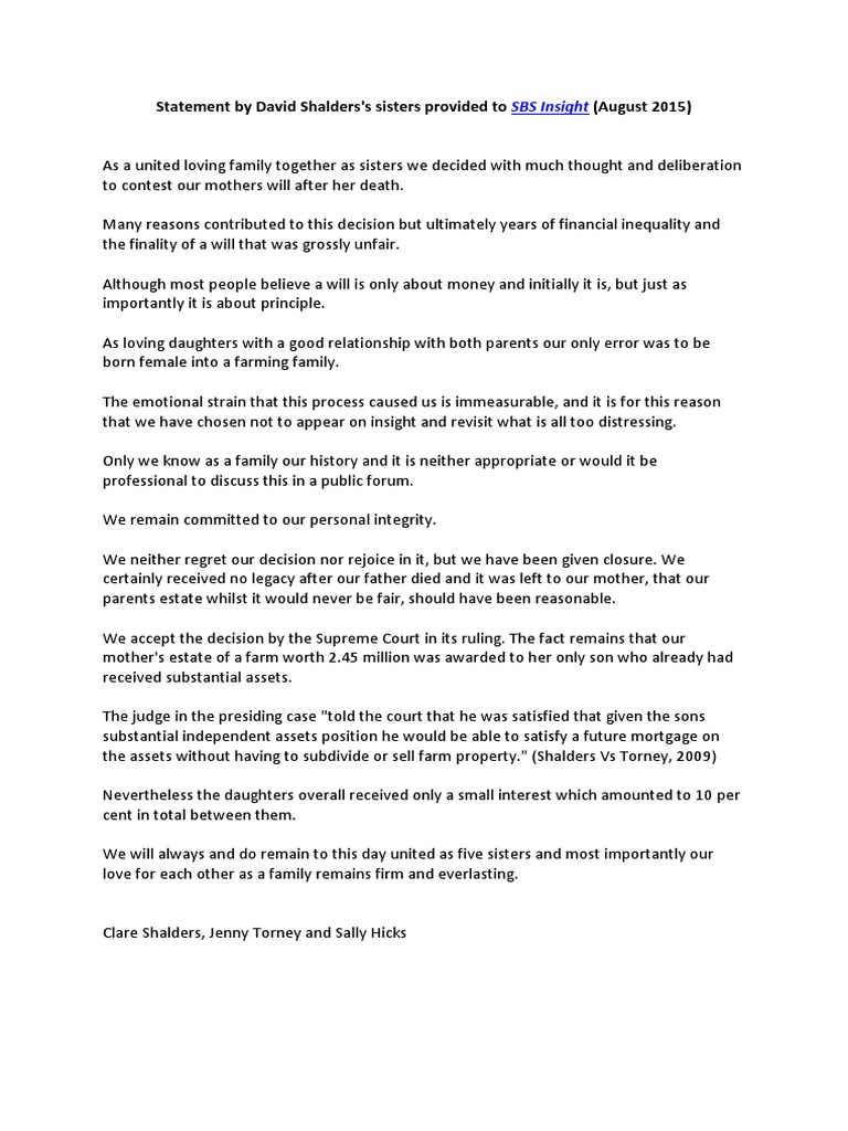 Statement by David Shalders's Sisters | PDF