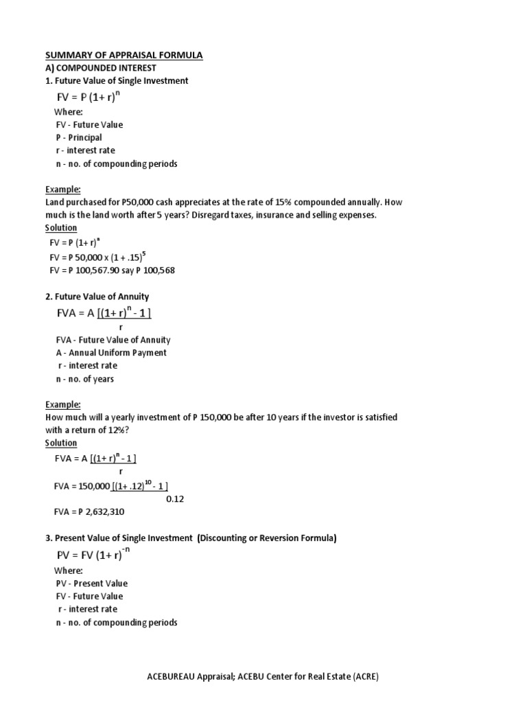 Summary of Key Appraisal Formulas and Concepts | PDF | Present Value ...