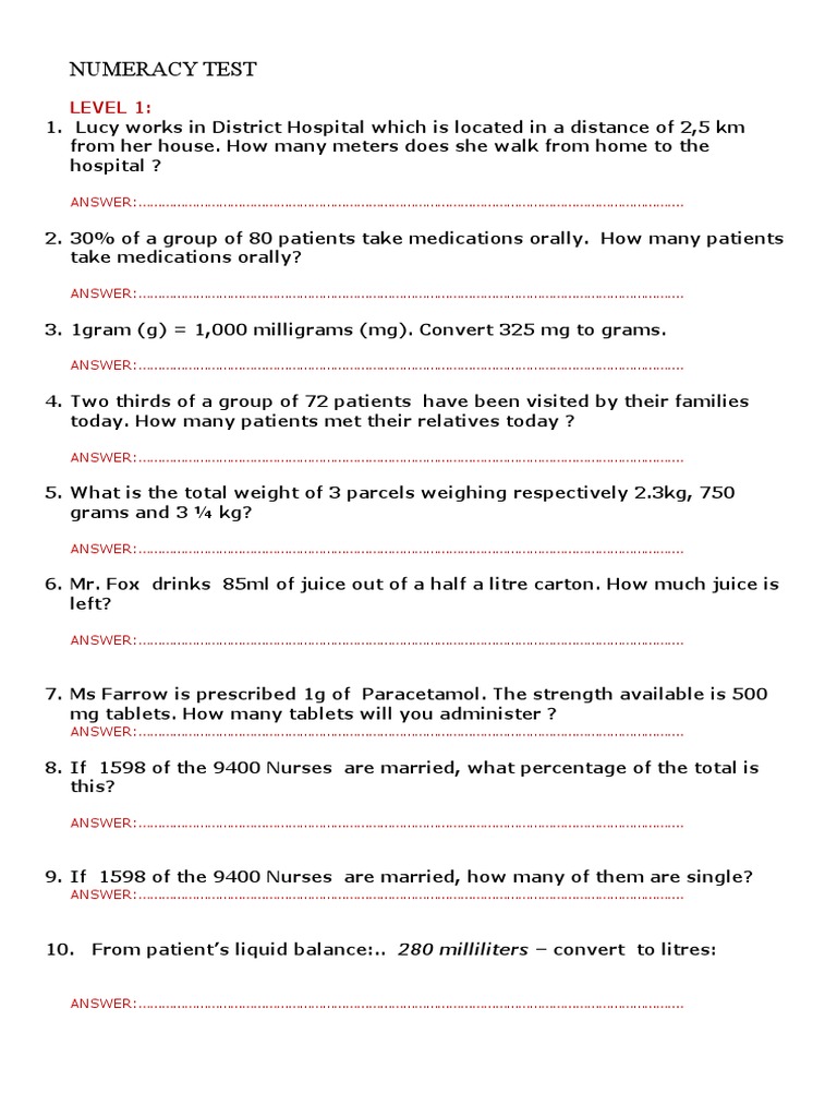 Numeracy Test 1 | PDF | Drugs | Pharmacology