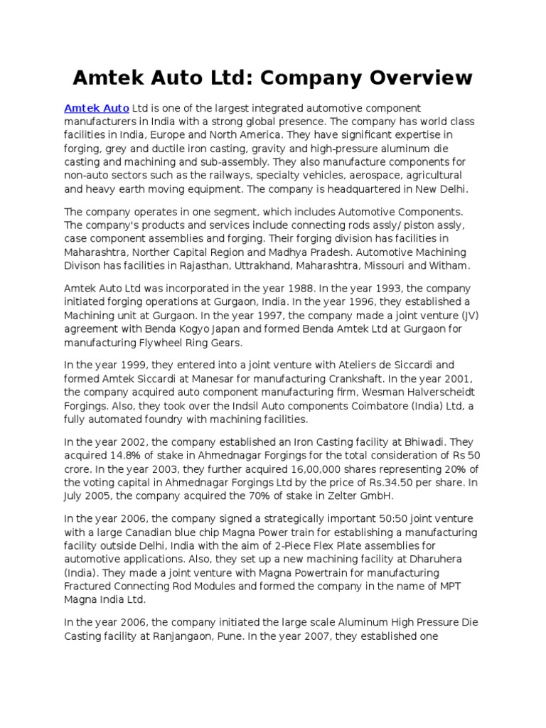 Amtek Auto LTD: Company Overview | PDF | Joint Venture | Forging