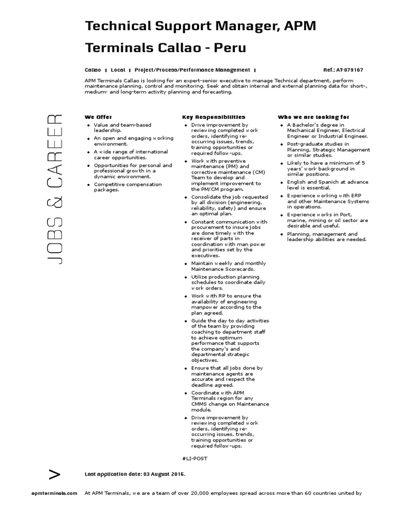 Job Posting Technical Support Manager, APM Terminals Callao - Peru ...