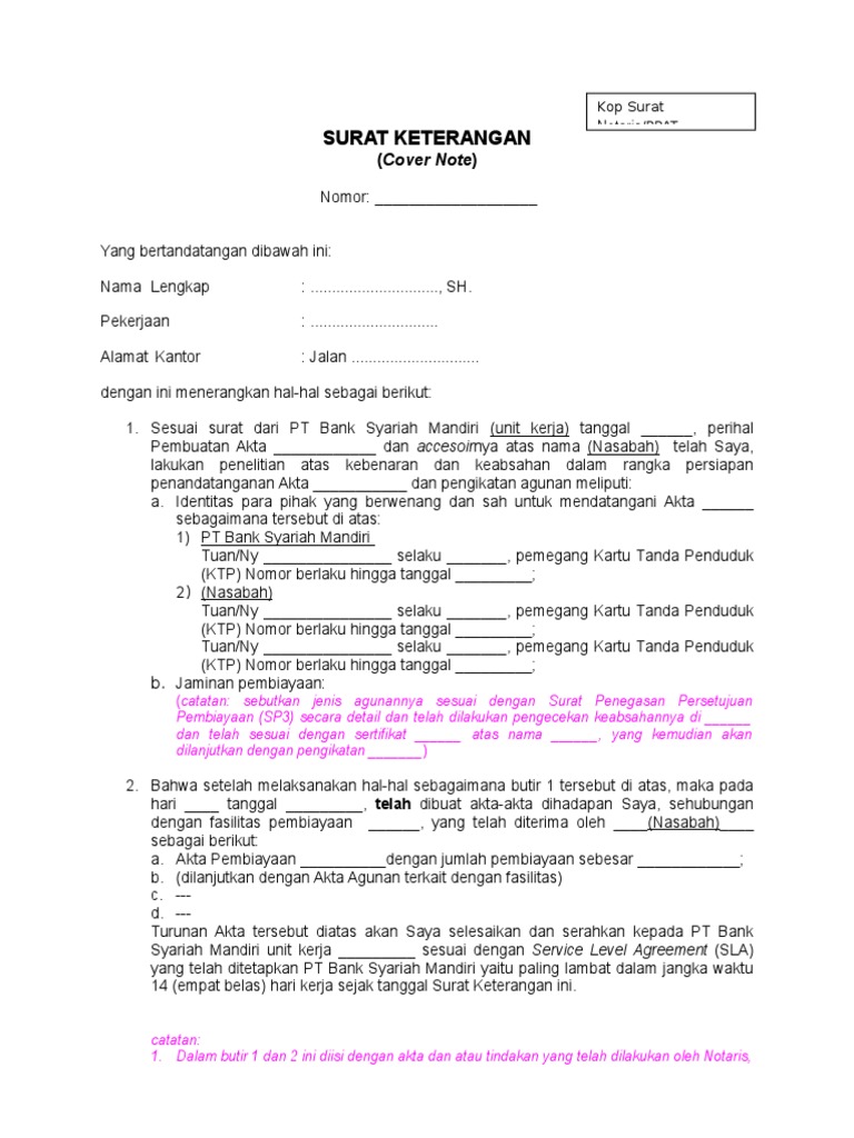 Template Covernote Notaris Ke Bank 2015 | PDF | Karier & Perkembangan
