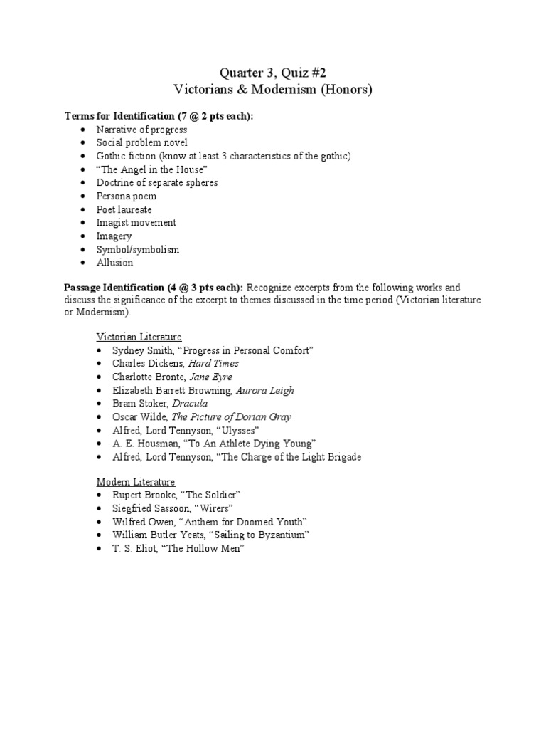Victorian & Modernism Quiz Guide | PDF | Victorian Literature | Gothic ...