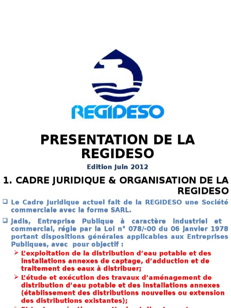 Presentation de La Societe REGIDESO Juin 2012 | Kinshasa | Économie