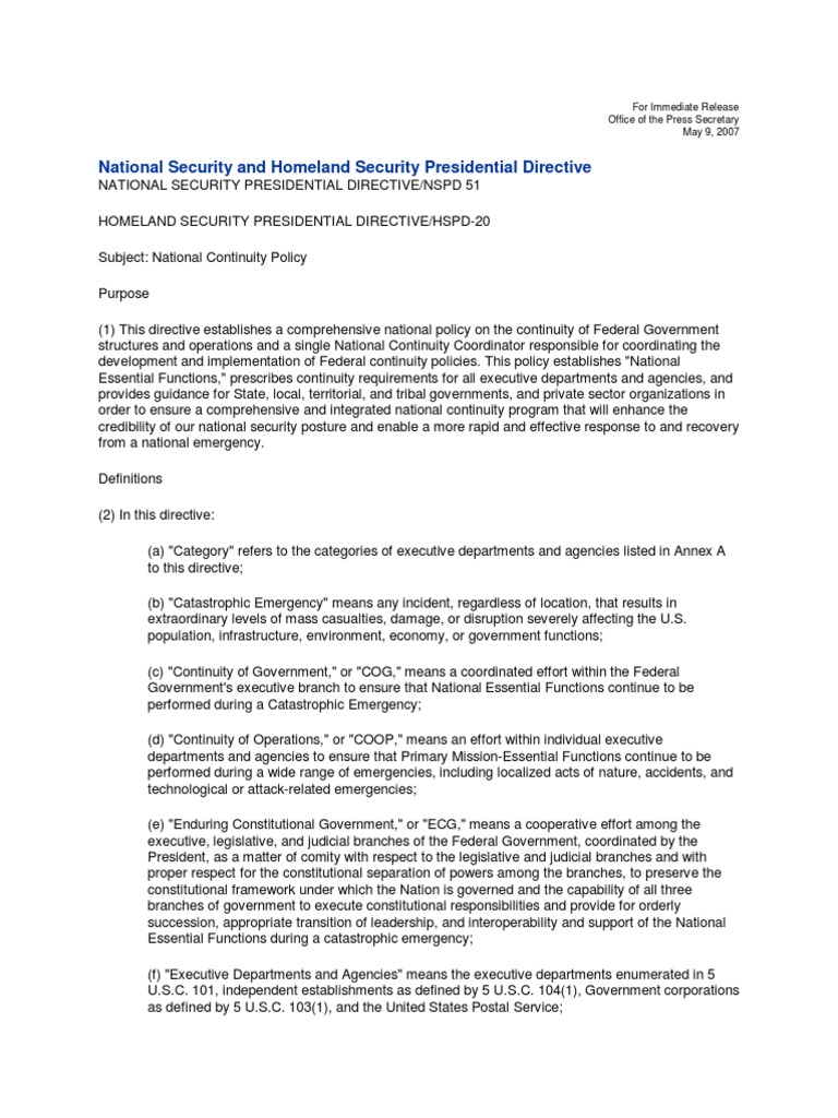 National Continuity Policy Directive 2007 | PDF | Securities | Policy