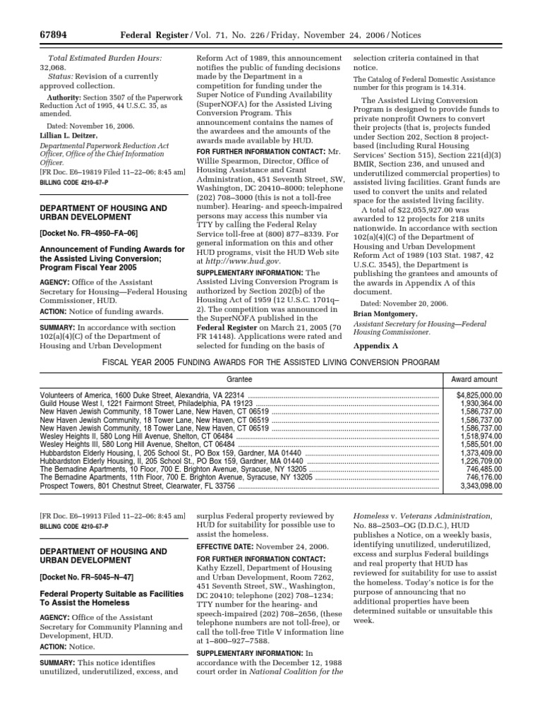 Notice: Grant and Cooperative Agreement Awards: Assisted Living ...