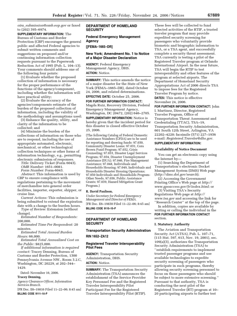 Notice: Registered Traveler Program: Registered Traveler ...