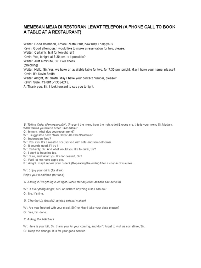 Restaurant Reservation Dialogue | PDF | Southeast Asian Cuisine ...