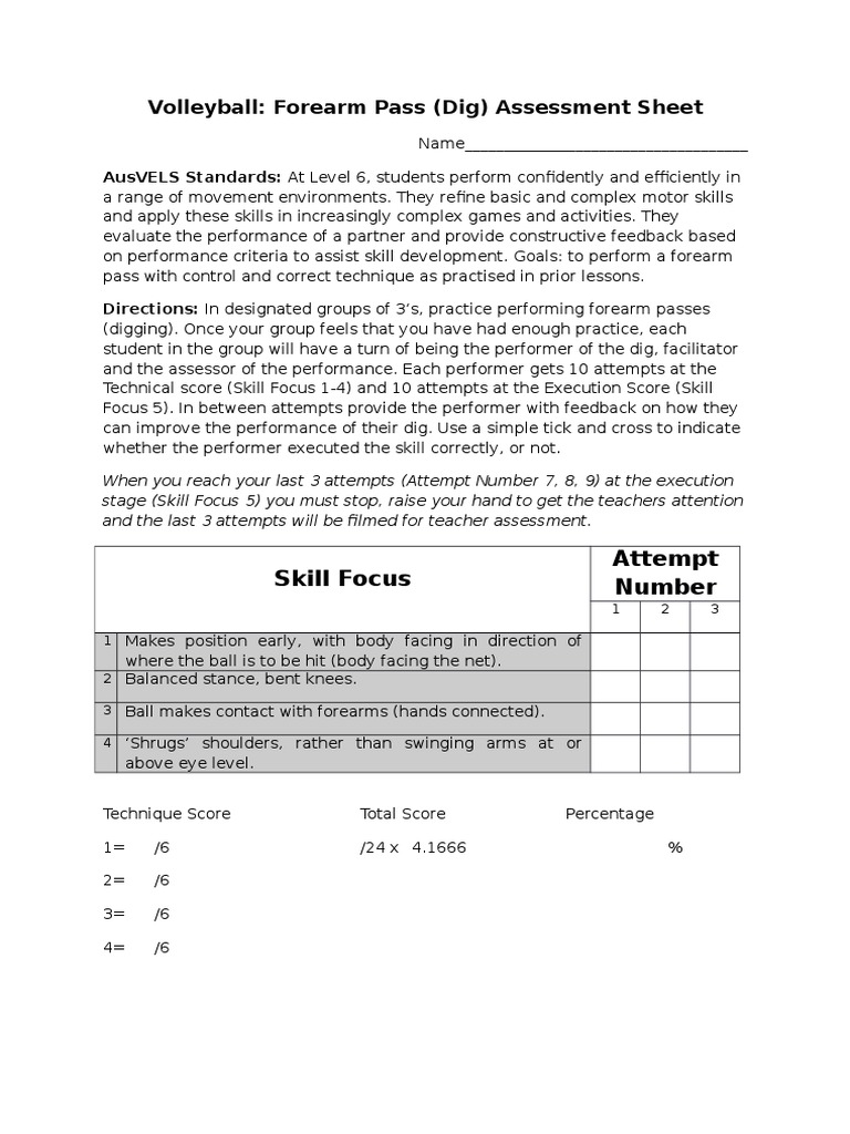 Volleyball Dig Assessment Rubric | PDF | Sports & Recreation