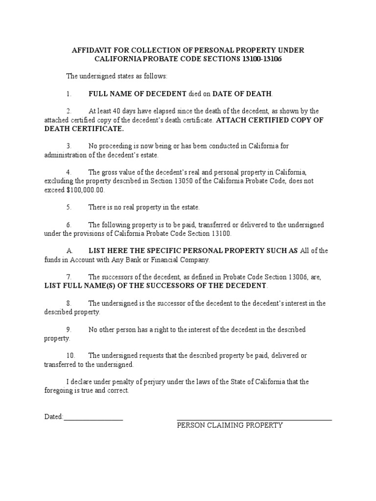 Sample Probate Affidavit for California