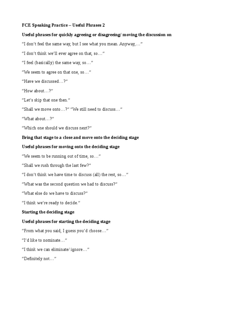 FCE Speaking Test 2015 - Useful Phrases | PDF