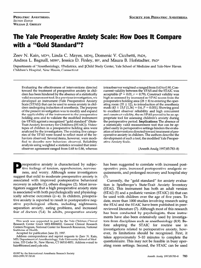 The Yale Preoperative Anxiety Scale How Does It. | Sensitivity And ...