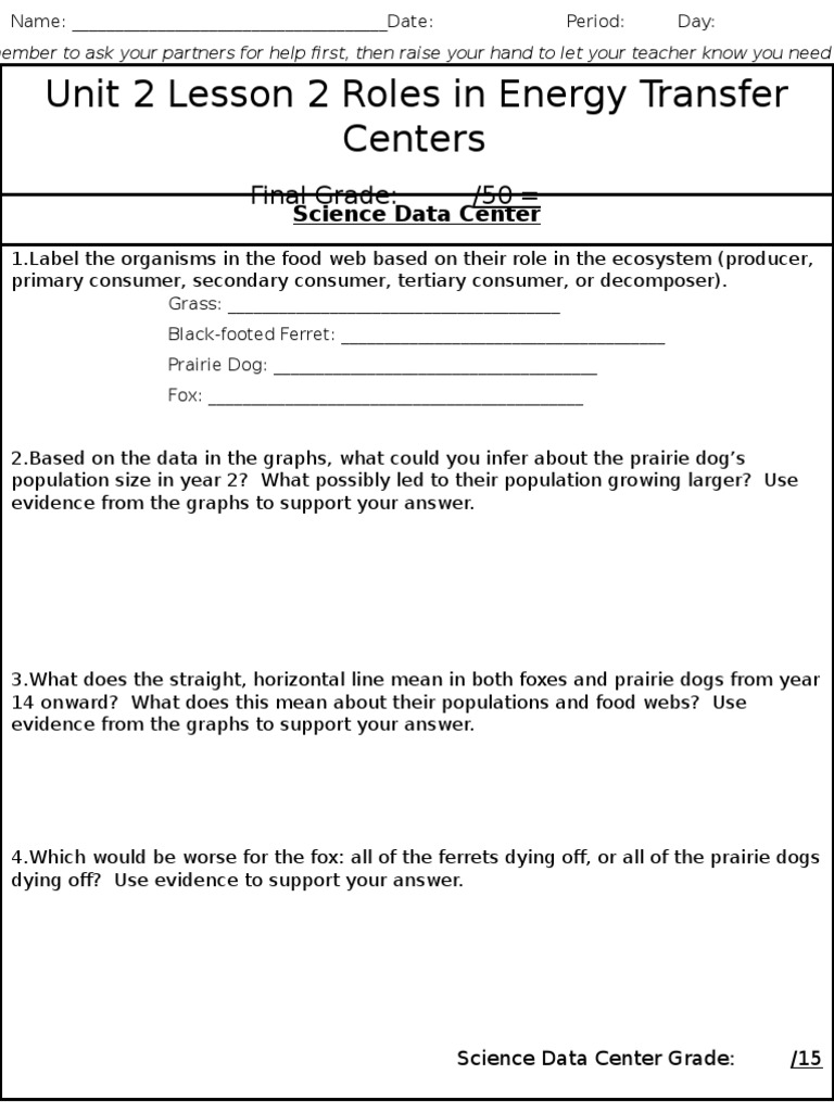 Centers Lesson 2 Roles in Energy Transfer (Food Web) | PDF | Food Web ...