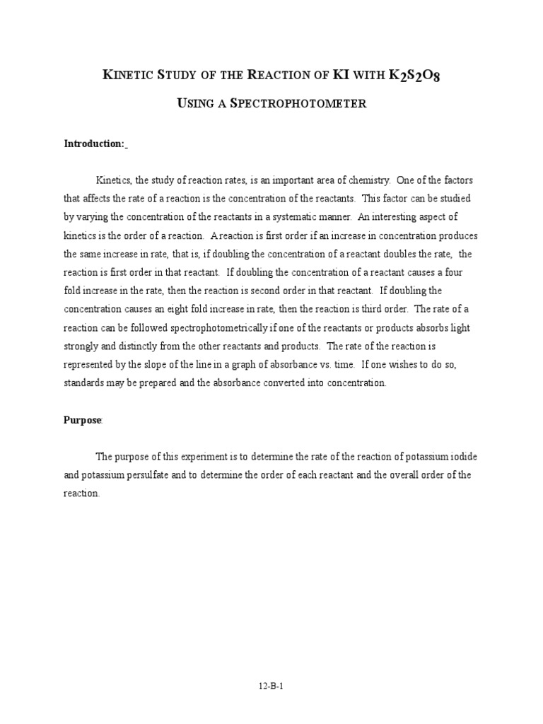 Kinetic Study of The Reaction of KI With K2S2O8 | PDF | Reaction Rate ...