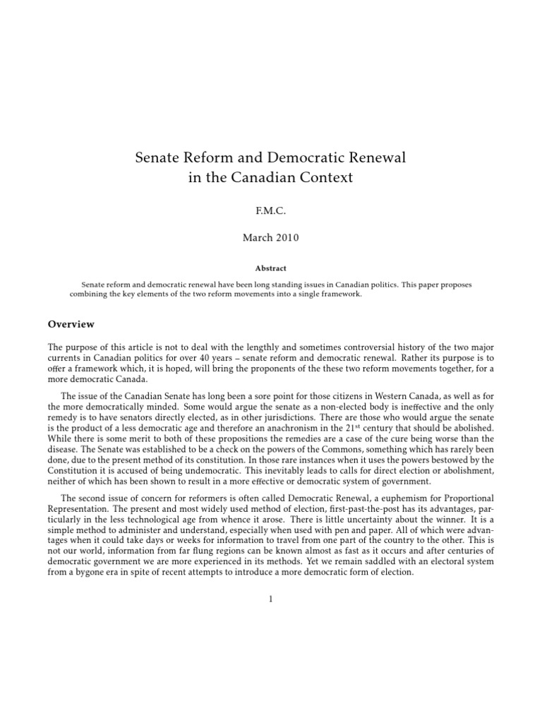 Senate Reform and Democratic Renewal in The Canadian Context | PDF ...