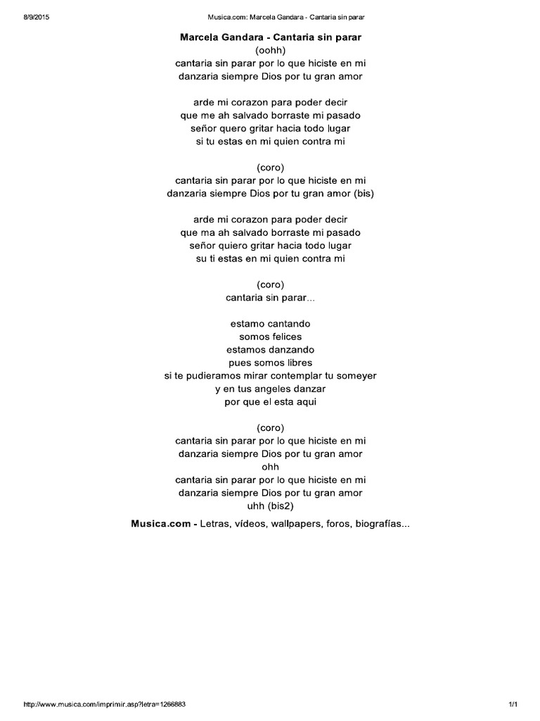 Letra de Cantaria Sin Parar de Marcela Gandara - MUSICA | PDF
