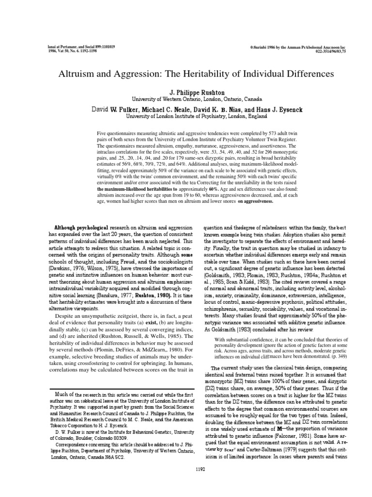 Altruism and Aggression 1986 | PDF | Heritability | Aggression