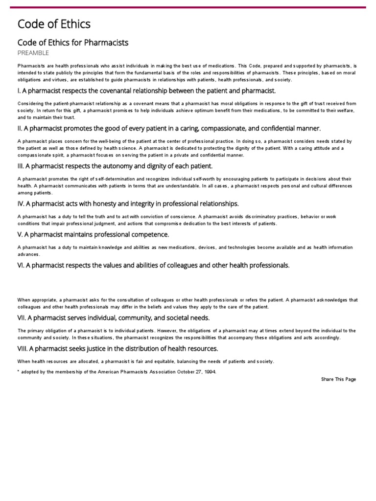 Code of Ethics - American Pharmacists Association | PDF | Pharmacy ...