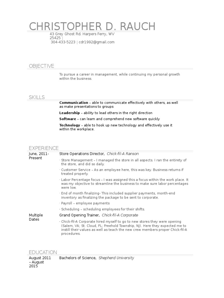 Management Career Resume for Christopher Rauch | PDF