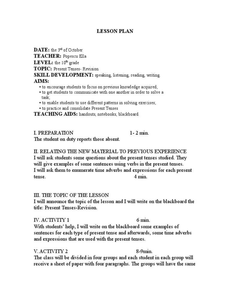 LESSON PLAN - Revision Present Tenses | PDF | Lesson Plan | Verb