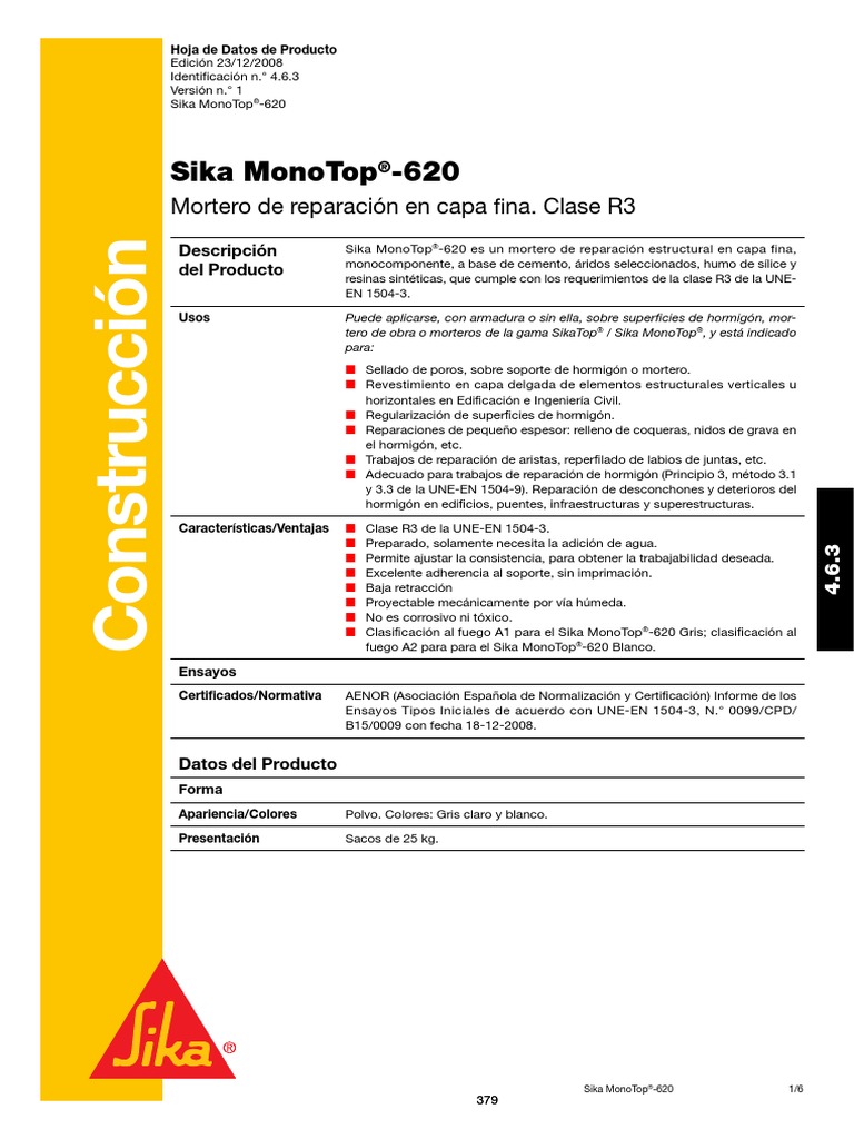 Ficha Técnica Sika MonoTop®-620 | PDF | Hormigón | Adhesión