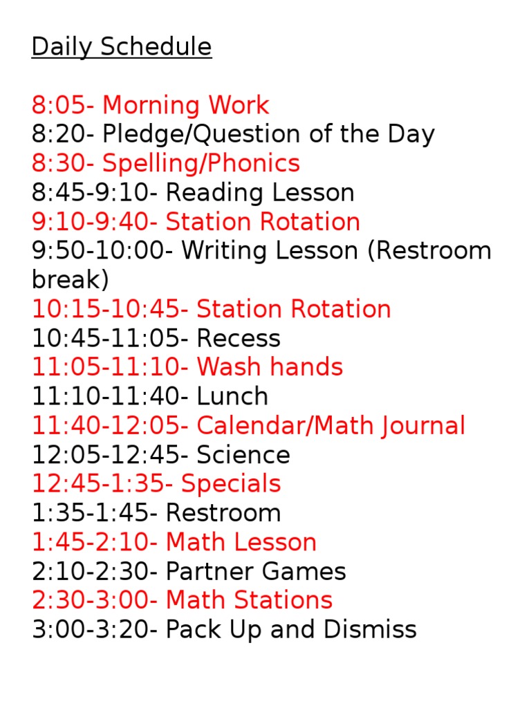 Daily Classroom Schedule Overview | PDF
