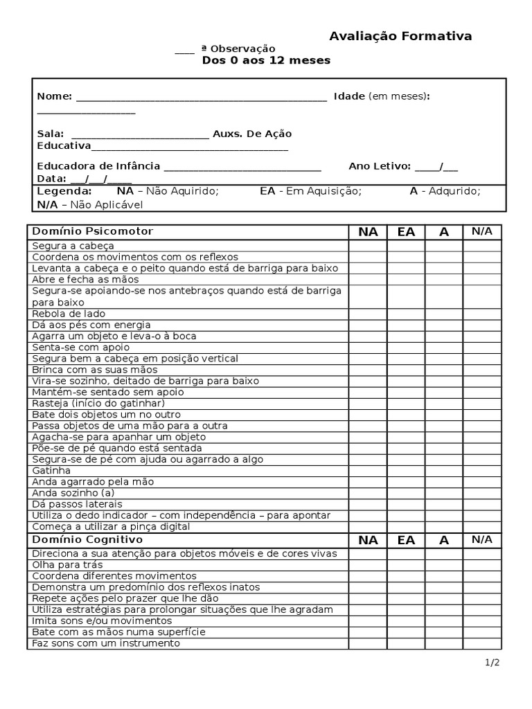 Grelha De Avaliação Dos 0 Aos 12 Meses Pdf Canto Som