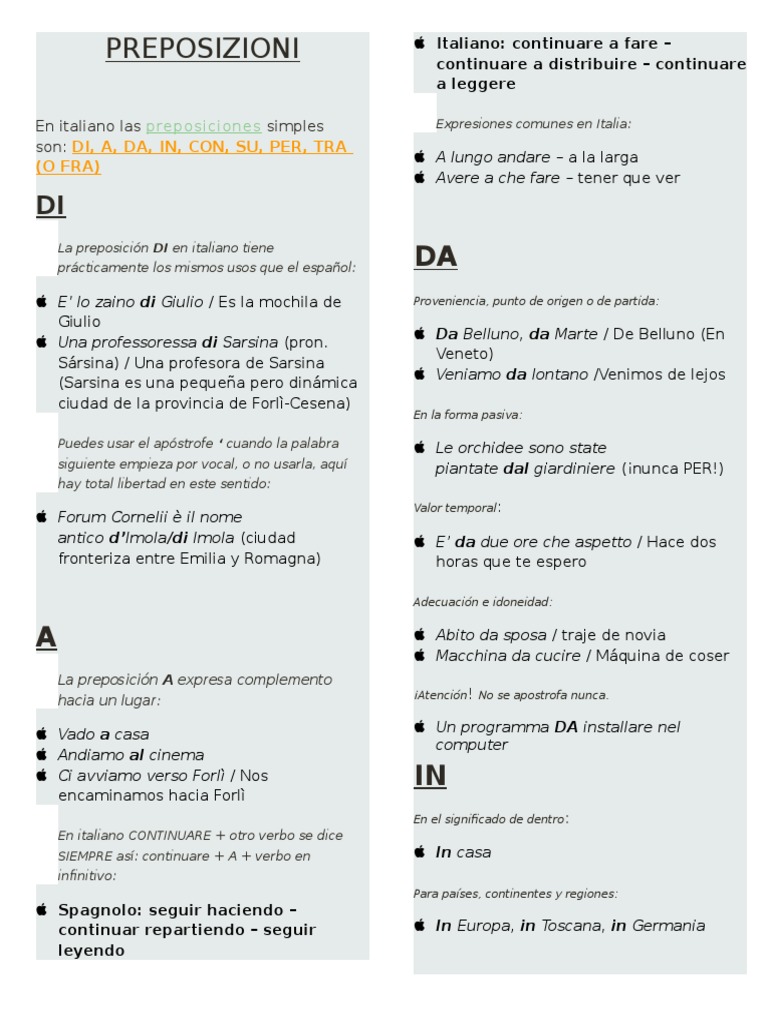 Preposiciones en Italiano | PDF | Tipología Lingüística | Relaciones ...
