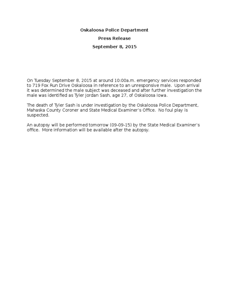 Oskaloosa Police Department Press Release September 8, 2015 | PDF