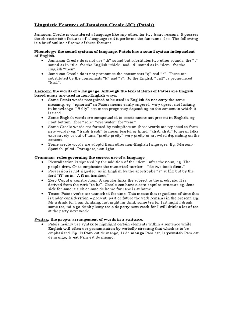 Linguistic Features of Jamaican Creole | PDF | Verb | English Language