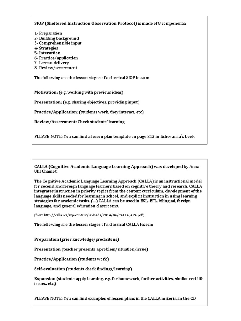 CALLA and SIOP Lesson Plan Format PDF | PDF
