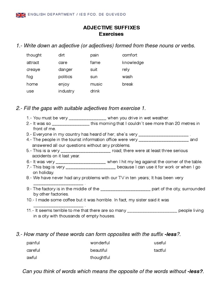 Adjective Suffixes Exercises: English Department / Ies Fco. de Quevedo ...