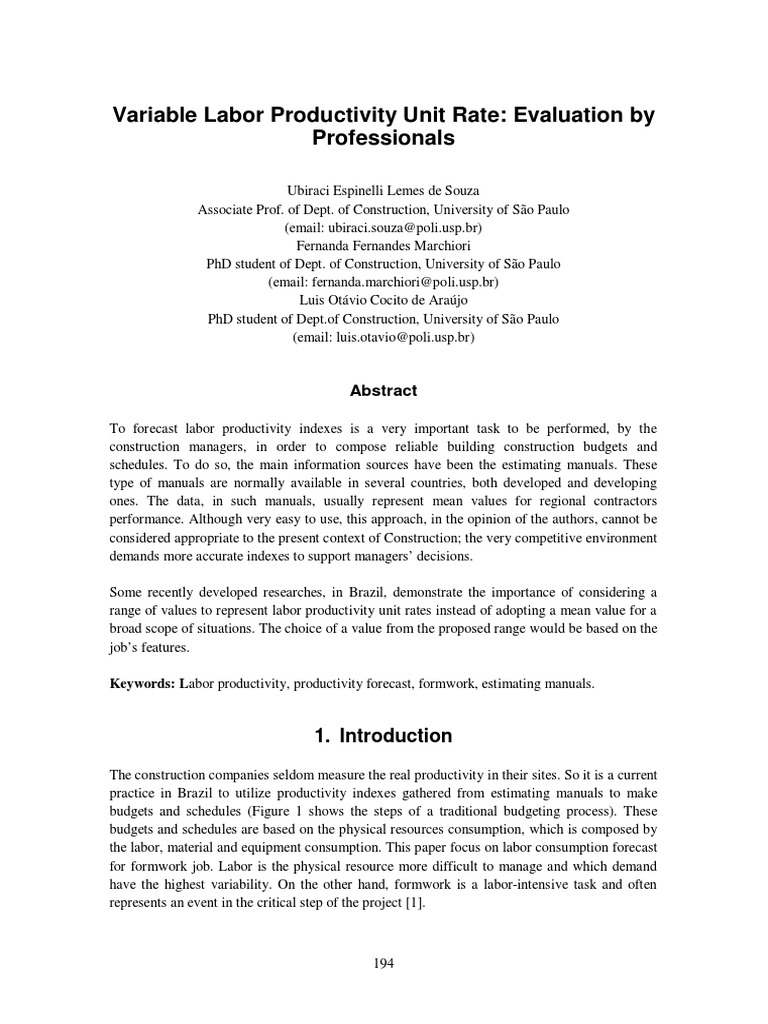 Variable Labor Productivity Unit Rate: Evaluation by Professionals ...