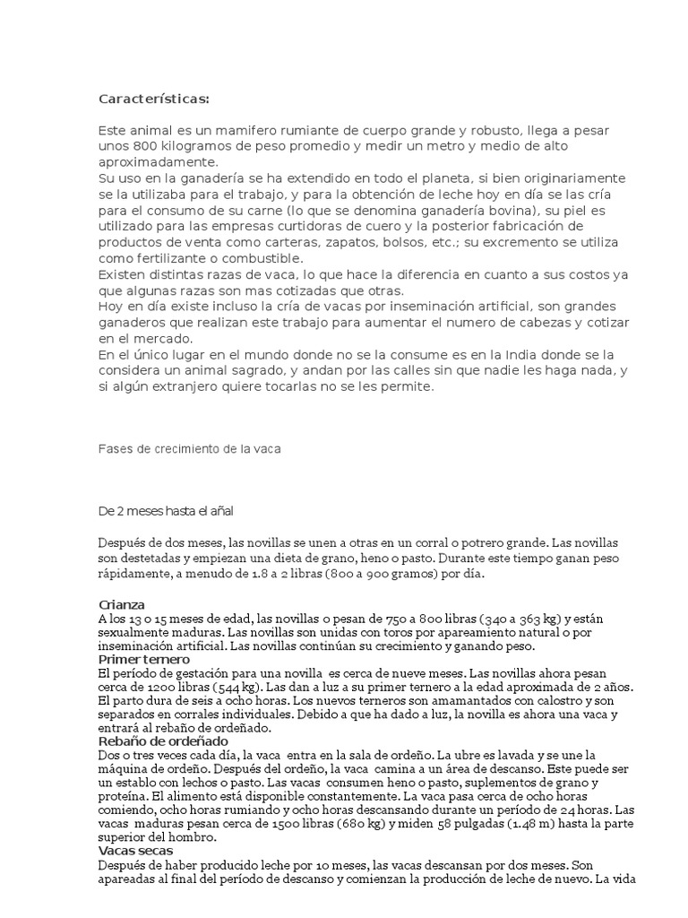 Características y ciclo de vida de la vaca | PDF | Vacas | Animales y ...