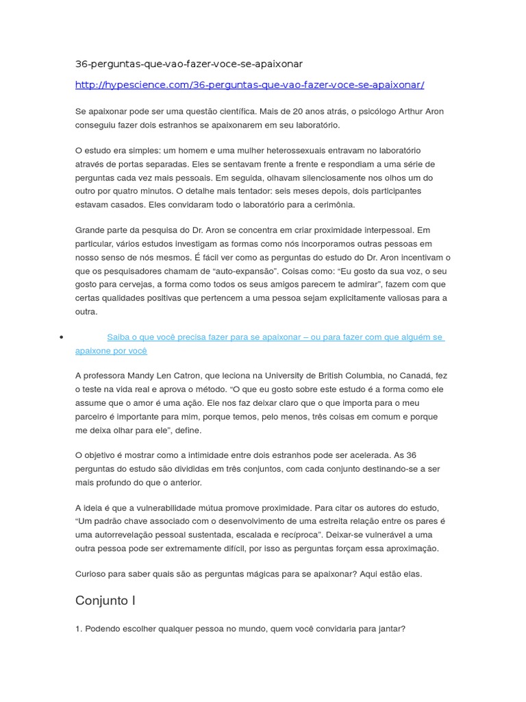 36 Perguntas Que Vao Fazer Voce Se Apaixonar | Download grátis PDF | Amizade | Amor