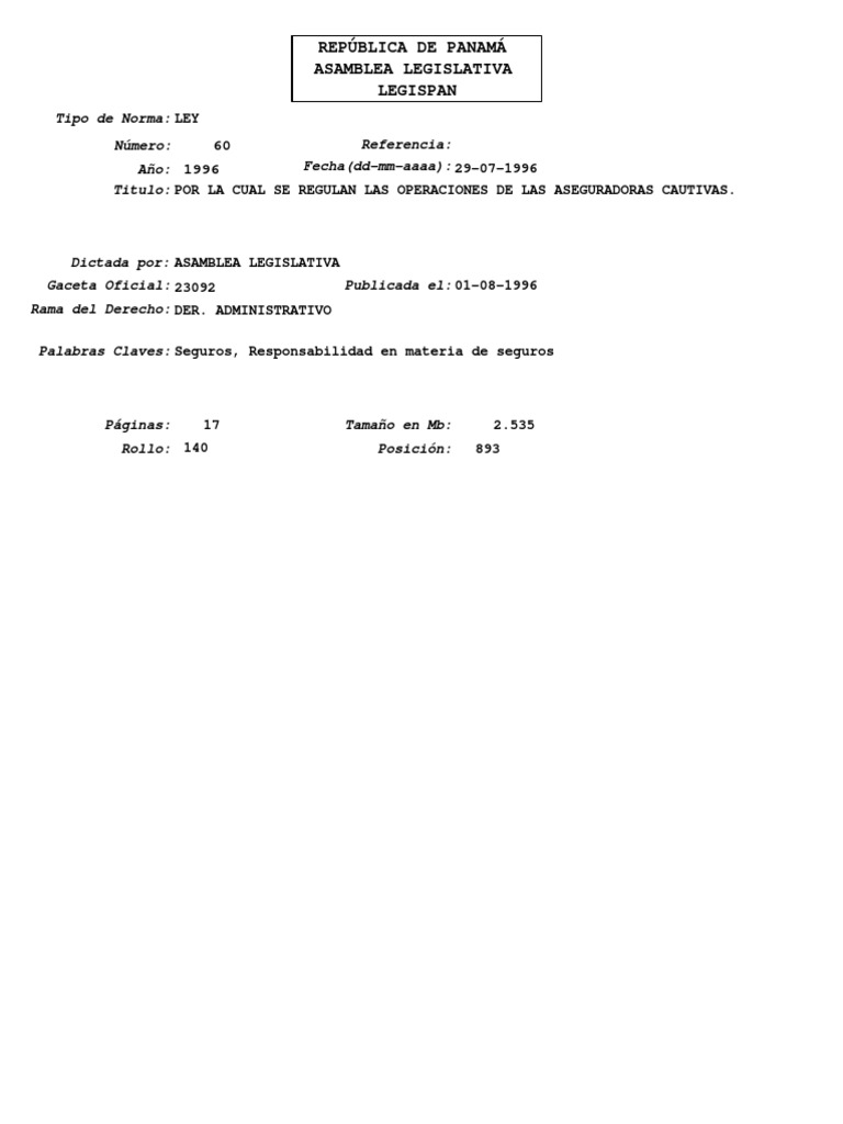Ley 60 de Regulación de Aseguradoras Cautivas | PDF | Liquidación | Seguro