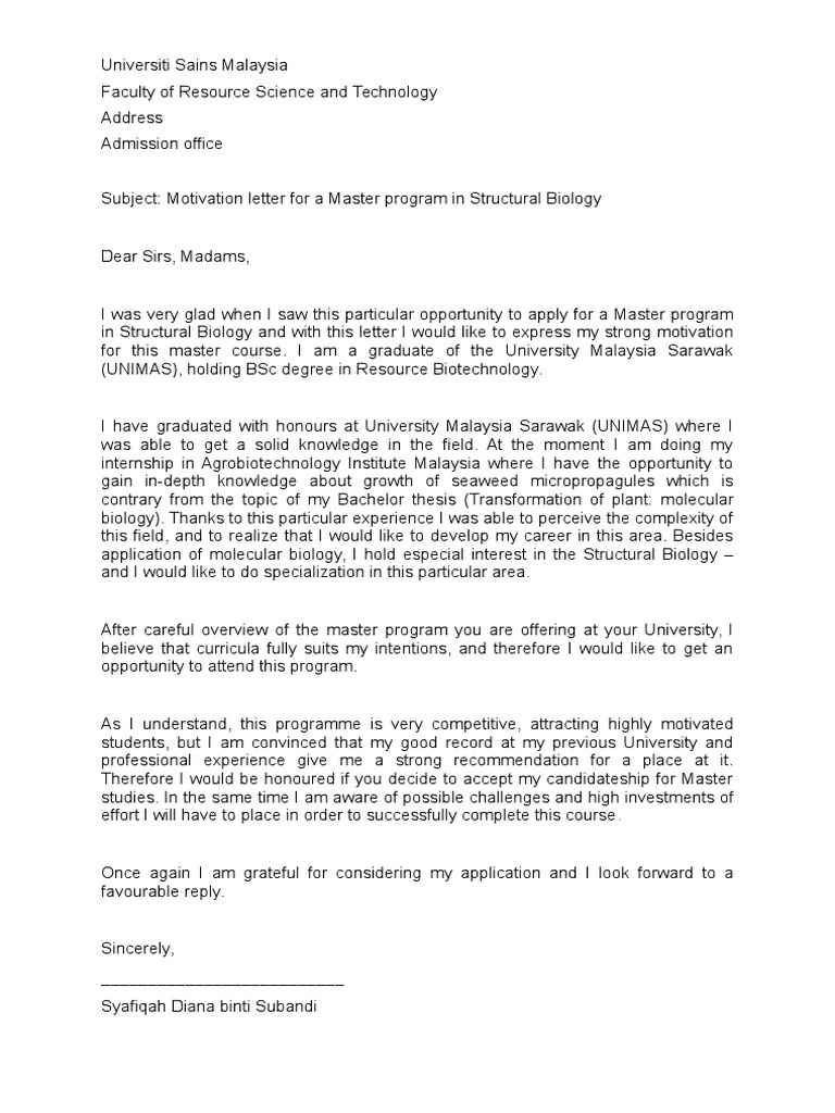 Motivation Letter For Masters Program | PDF | Career & Growth