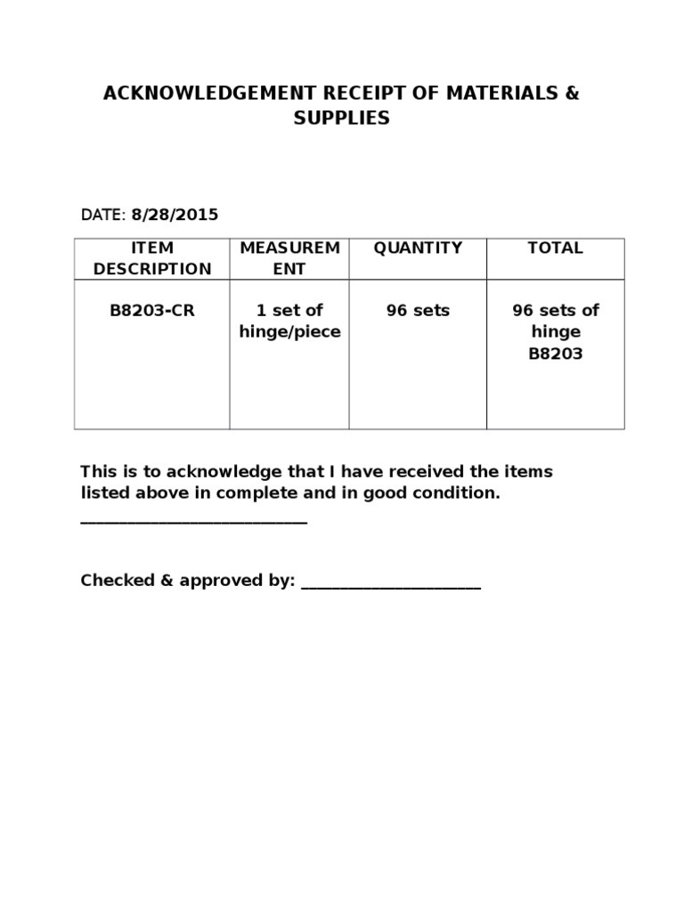 Acknowledgement Receipt of Materials & Supplies: DATE: 8/28/2015 | PDF