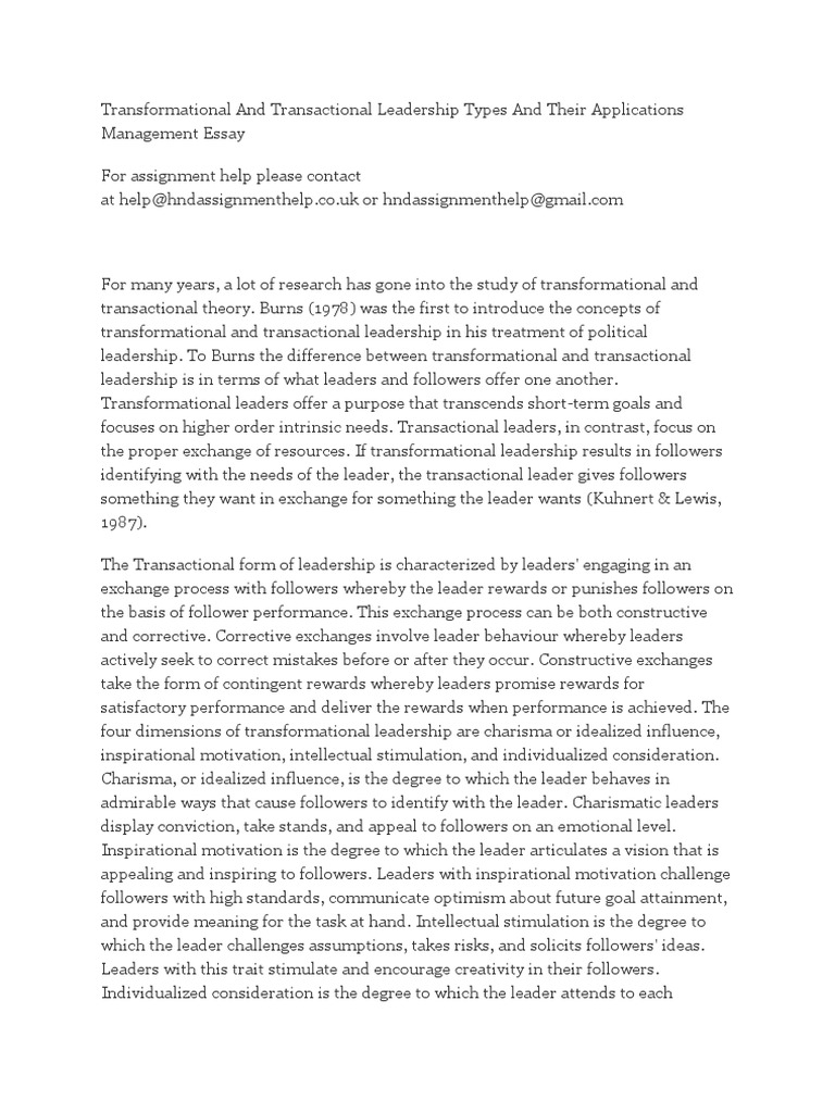 Transformational and Transactional Leadership Types and Their ...