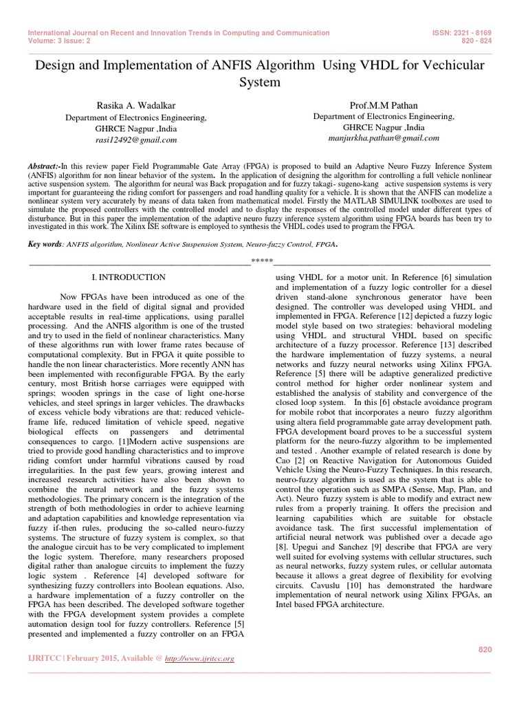 Design and Implementation of ANFIS Algorithm Using VHDL For Vechicular System | PDF | Field ...