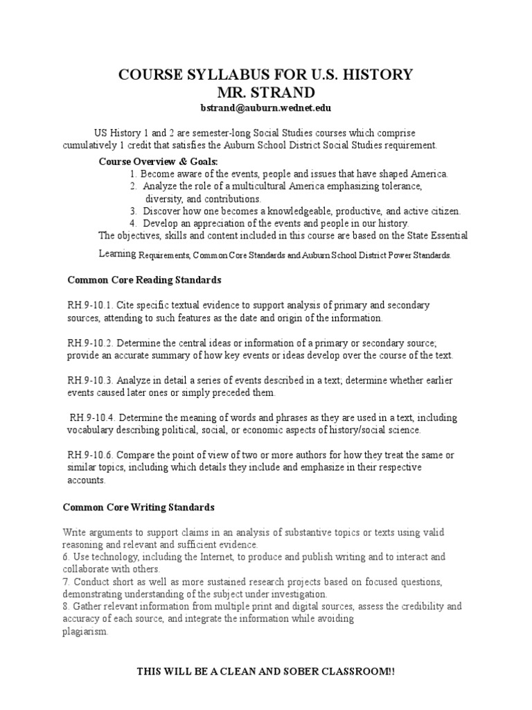 US History Course Syllabus | PDF | Classroom | Social Science