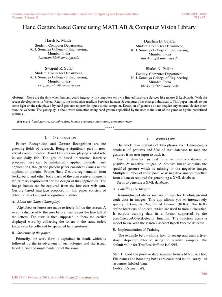 Hand Gesture Based Game Using MATLAB & Computer Vision Library | PDF | Matlab | Databases