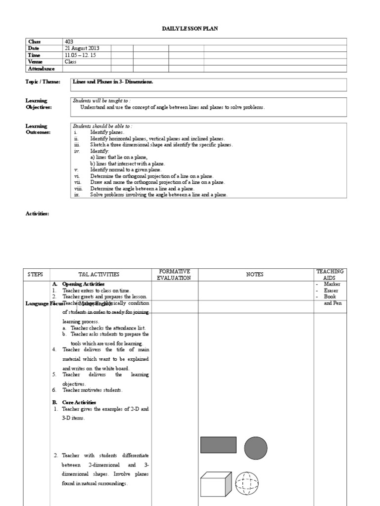 DAILY LESSON PLAN 4 - Lines and Planes in 3-Dimensions | PDF | Lesson ...