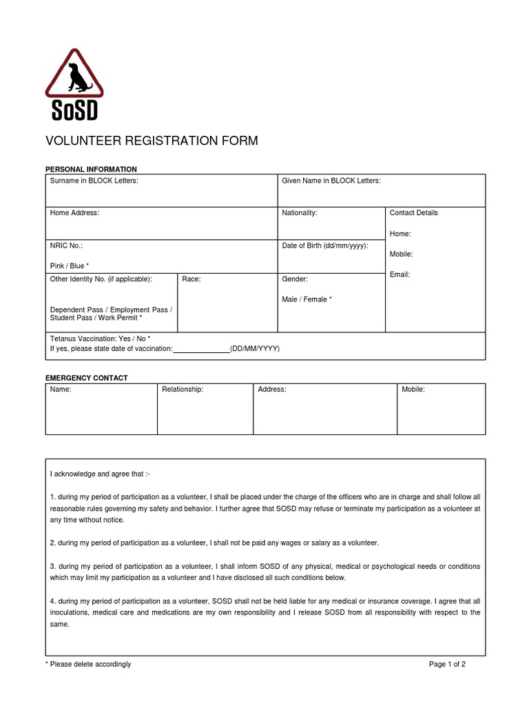 SOSD Volunteer Registration & Indemnity Form | Download Free PDF ...