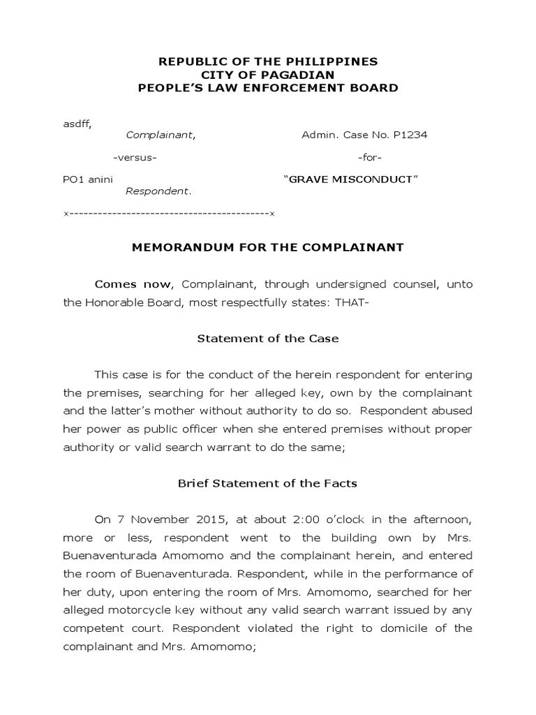 memorandum of complainant sample | Search And Seizure | Search Warrant