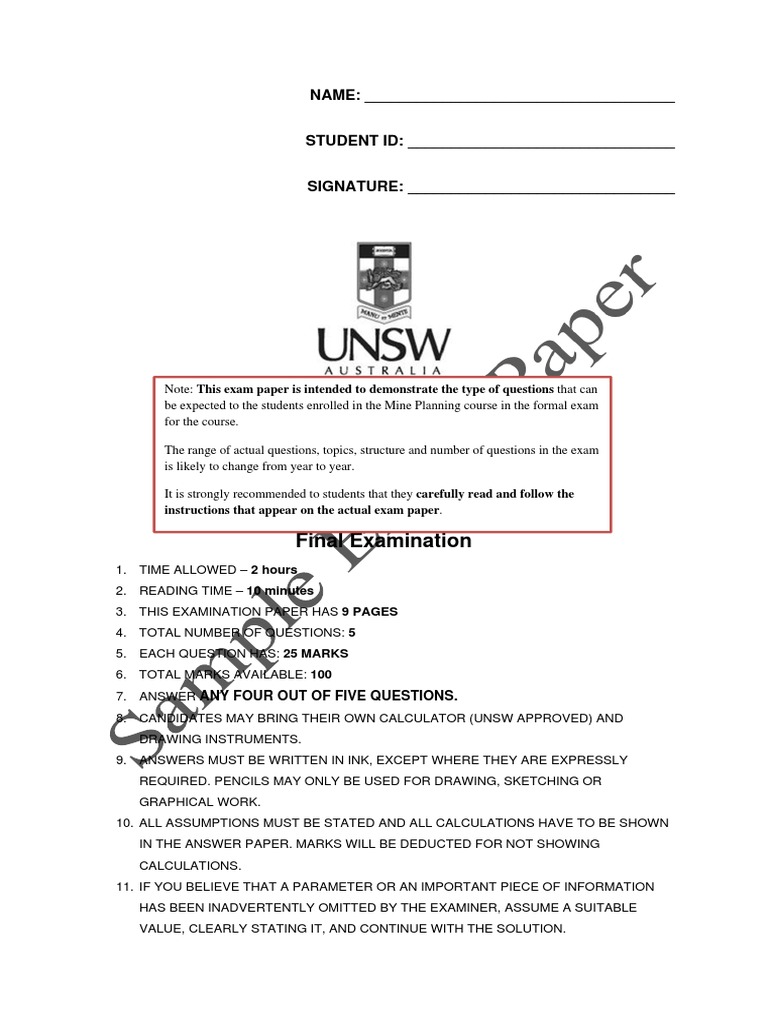 MINE3230 Mine Planning Sample Exam | Gold | Mining