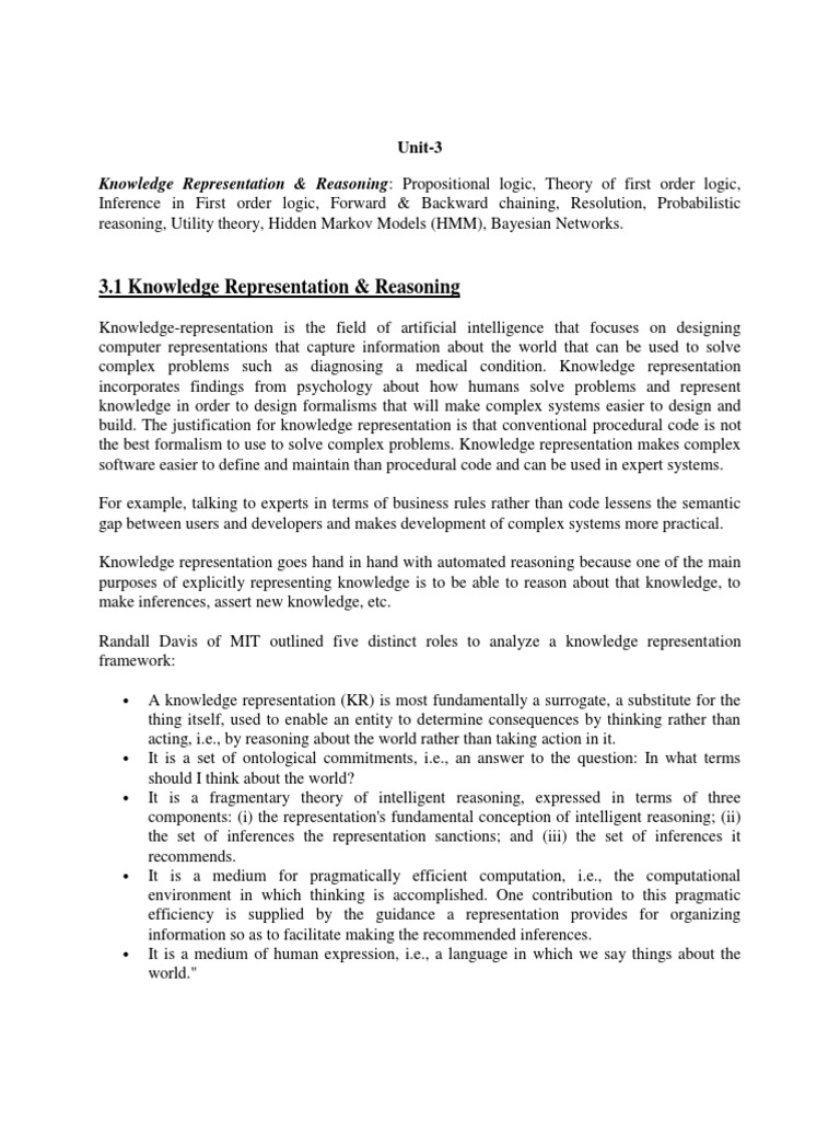 AI Unit-3 Notes | PDF | Knowledge Representation And Reasoning | Reasoning