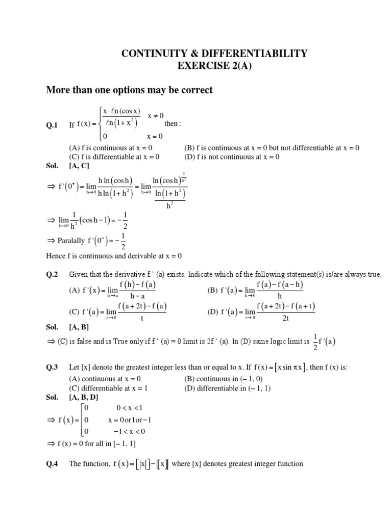 Advanced Continuity And Differentiability Ex 2 A Pdf Continuous Function Function