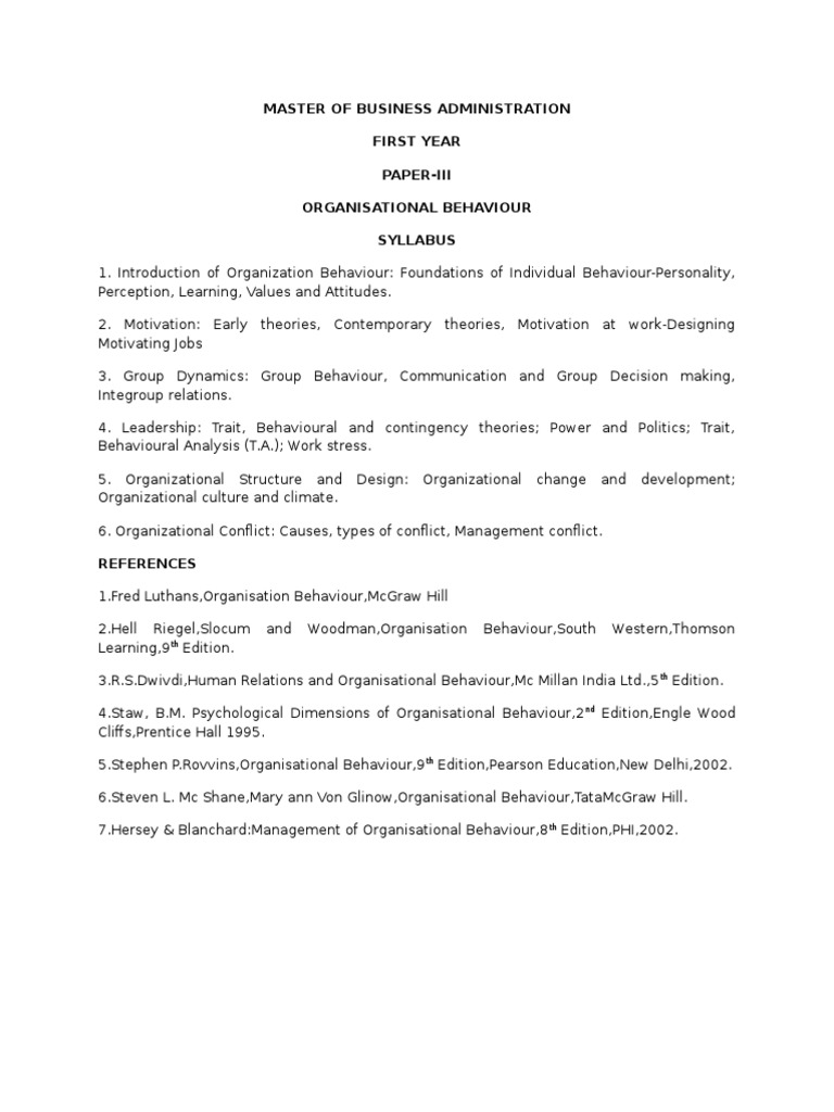 MBA 1st Semester Organizational Behavior Syllabus | PDF ...
