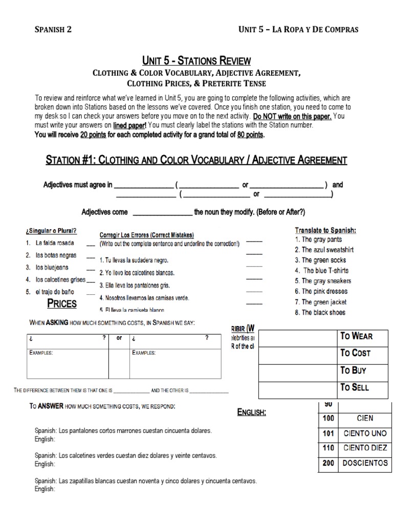Unit 5 Quiz Review - Stations (Spanish 2) | PDF | English Language | Verb